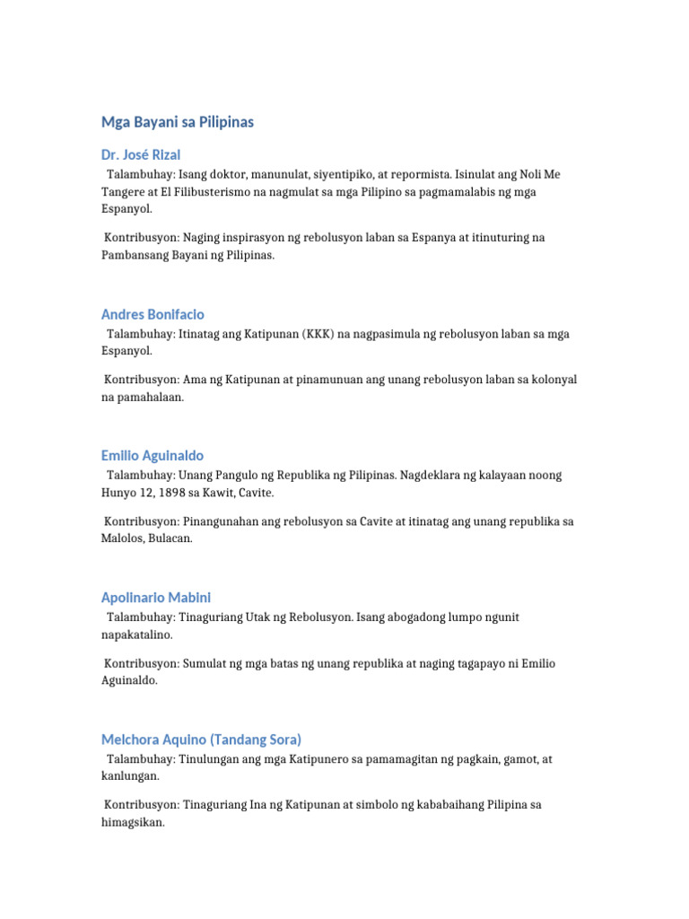 Mga Bayani Sa Pilipinas | PDF
