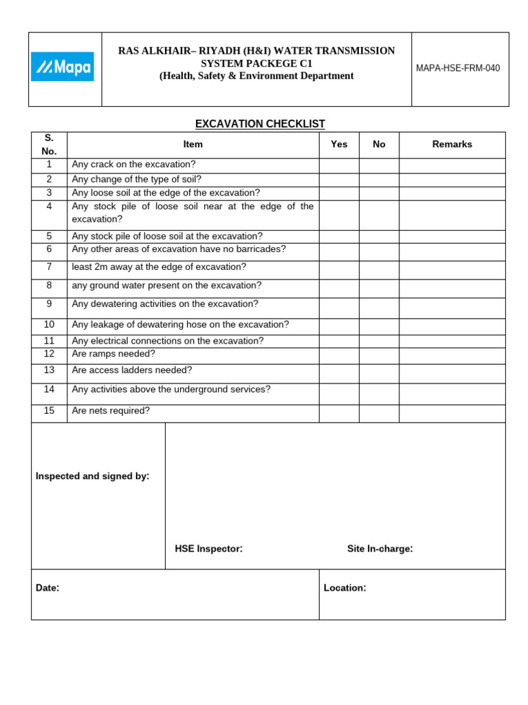 MAPA HSE FRM 040 Excavation Checklist | PDF