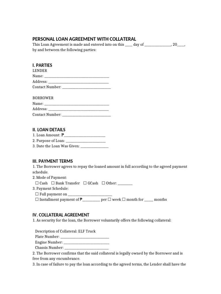 Personal Loan Agreement With Collateral ELF Truck | PDF