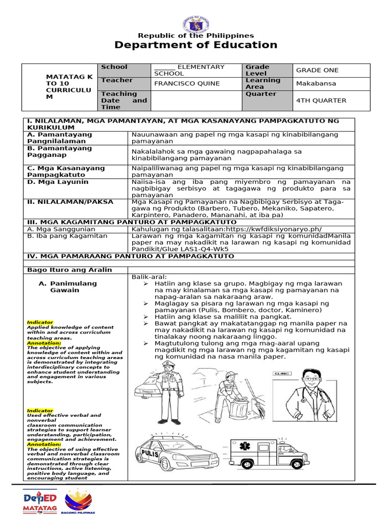 Lesson Plan Matatag With Indicators and Annotations | PDF
