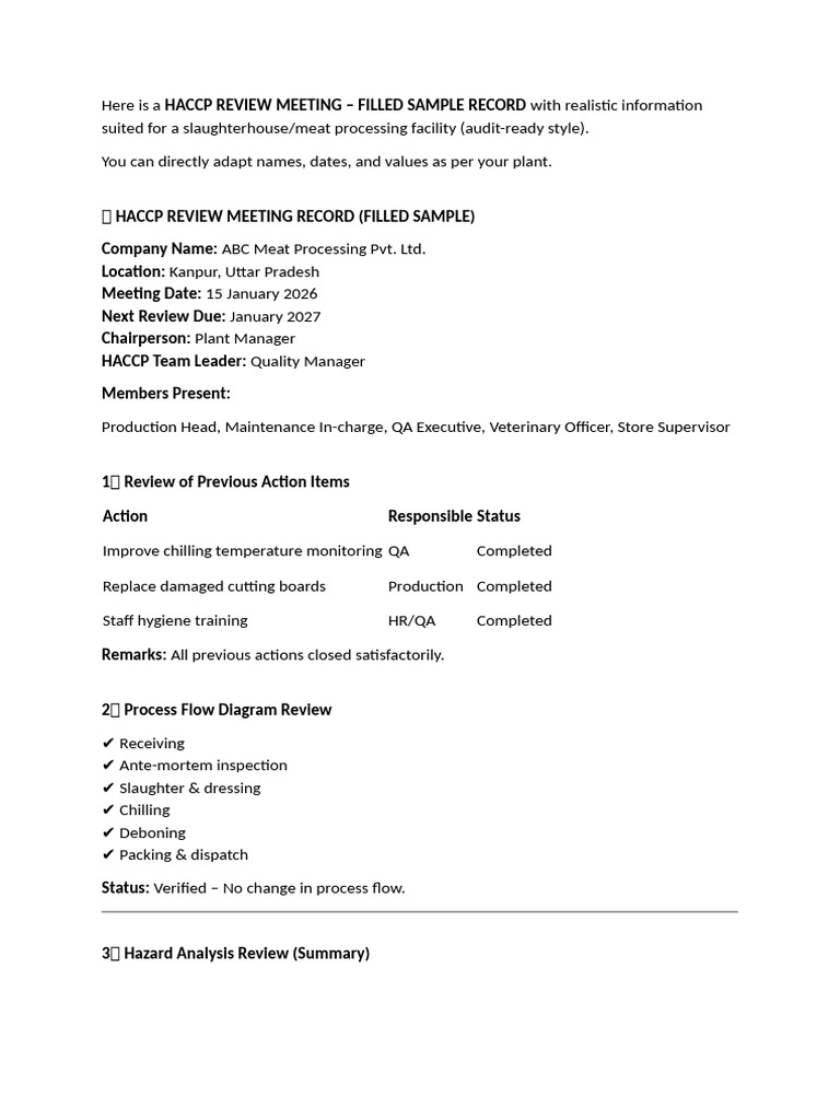 Haccp Review Meeting - Filled Sample Record | PDF | Hygiene | Safety