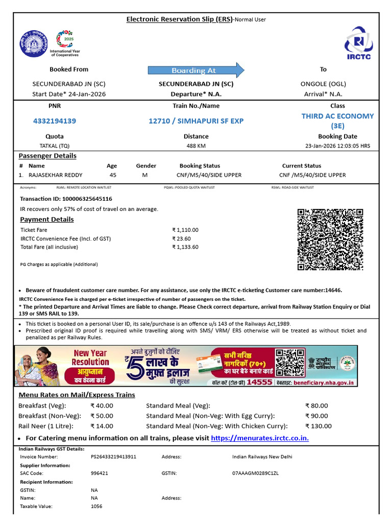 Train Ticket 24 Jan 3AC Confirmed | PDF | Identity Document