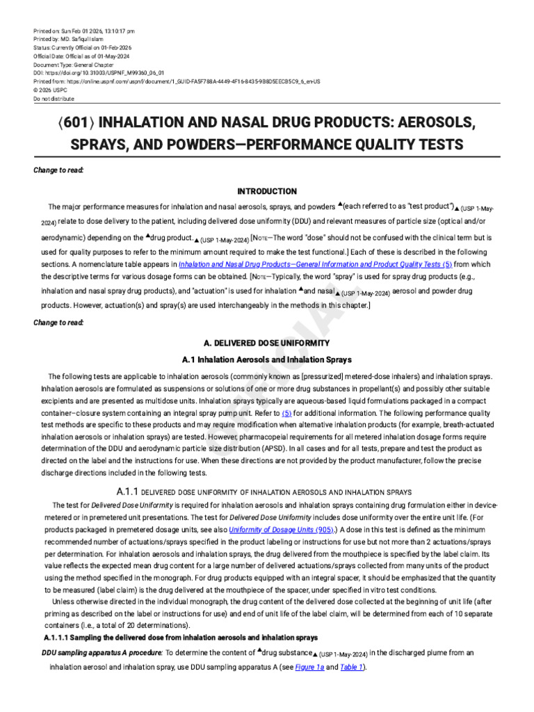 USP - Inhalation and Nasal Drug Products | PDF | Aerosol | Dose ...