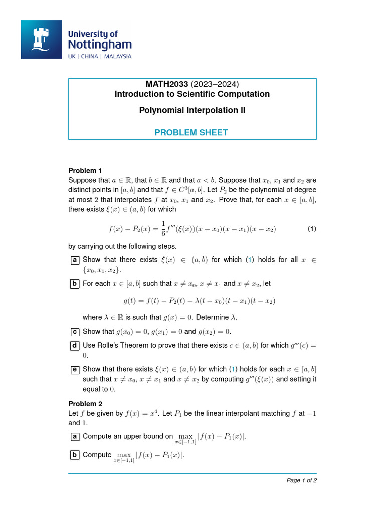Polynomial Interpolation II Problem Sheet | PDF | Mathematics Of ...
