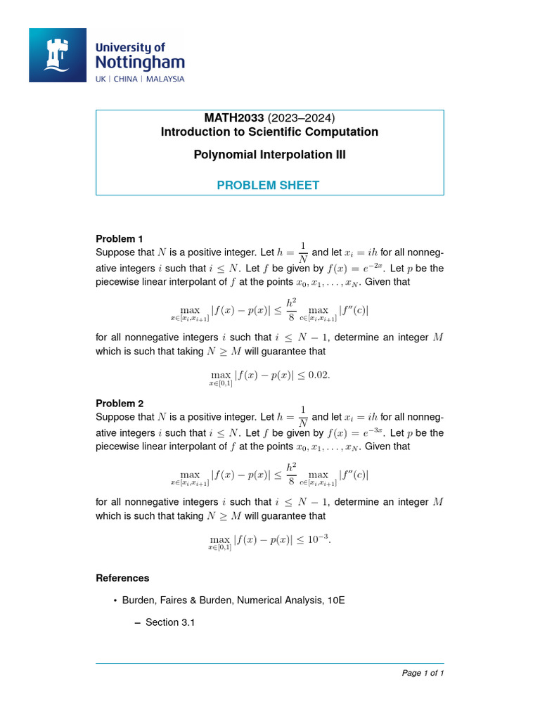 Polynomial Interpolation III Problem Sheet | PDF