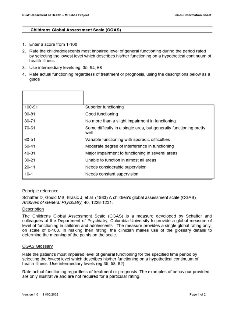 Childrens Global Assessment Scale (CGAS) | PDF | Behavioural Sciences ...