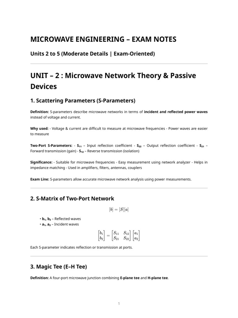 Microwave Engineering Exam Notes (Unit 2 To Unit 5) | PDF