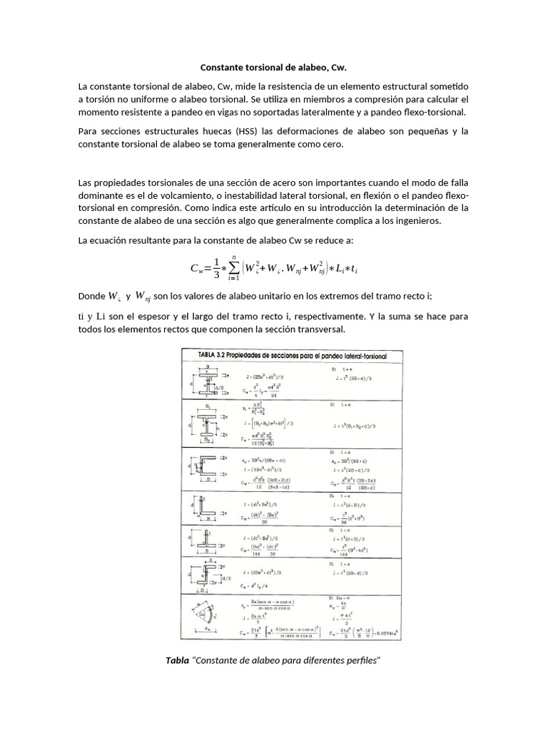 Constante Torsional de Alabeo | PDF