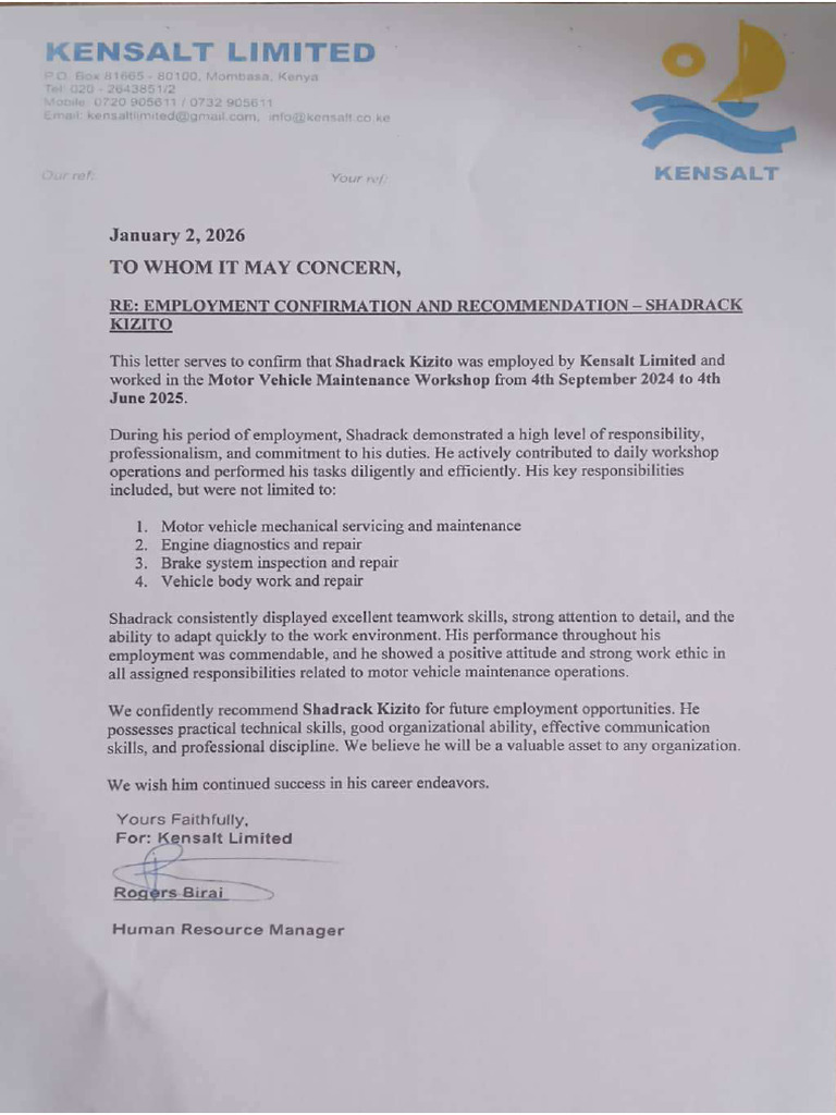 Kensalt Recommendation Letter | PDF