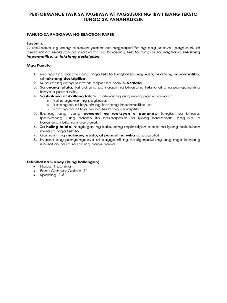 Performance Task Reaction Paper | PDF