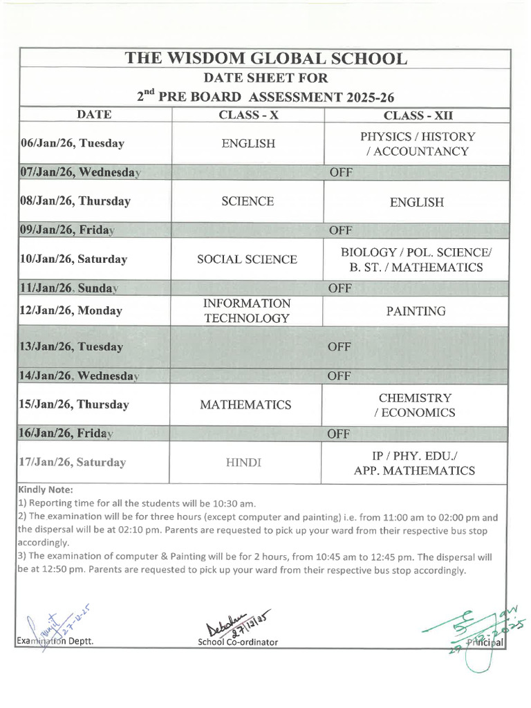 Date Sheet For 2dn Pre-Board | PDF