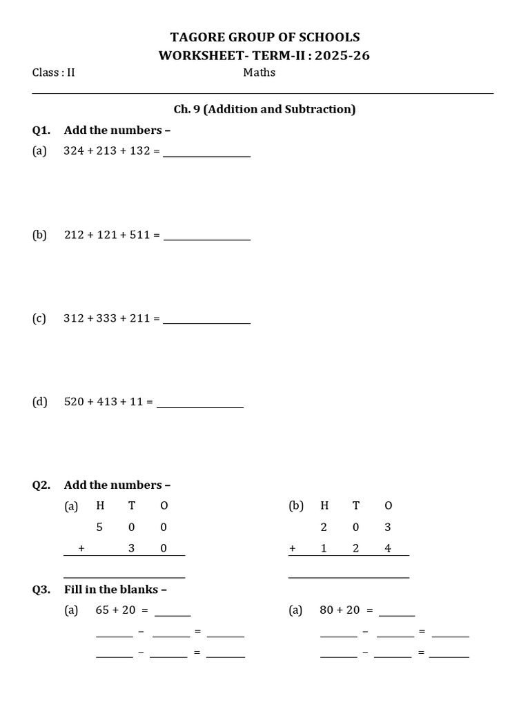 Worksheet_maths_term - Ii_class - Ii_2025-26 (1) | PDF | Rupee | Currency
