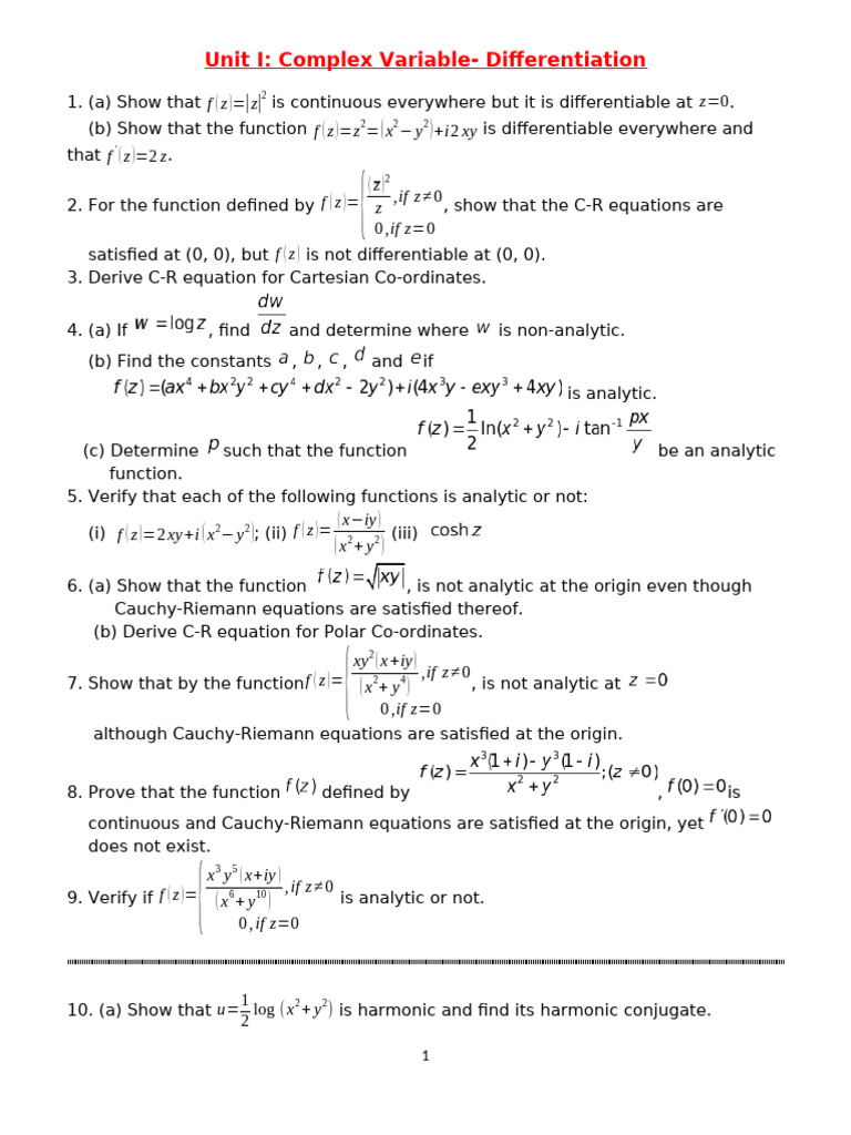 Unit-1 Complex Variable - Differentiation | PDF | Equations | Analytic ...