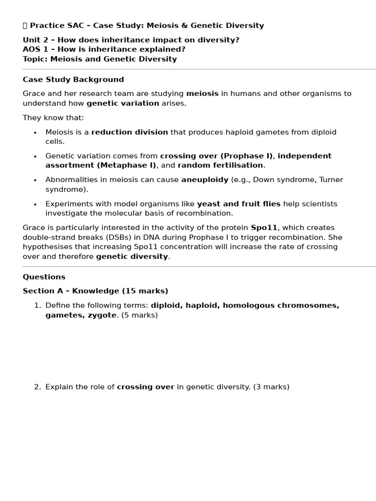 Meiosis and Genetic Diversity Prac Sac Questions Bio Unit 1&2 | PDF ...