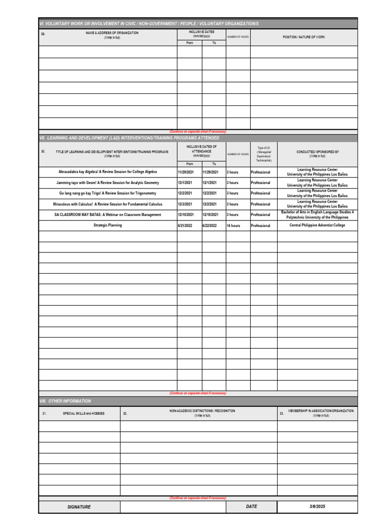 CS Form No. 212 Personal Data Sheet Revised c3 | PDF | Mathematics