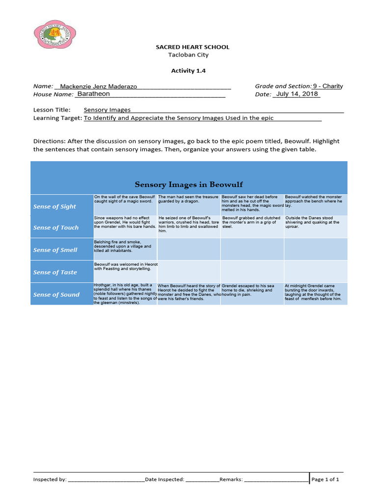 Beowulf Sensory Images Activity-1[1] | PDF | Beowulf | English Heroic ...