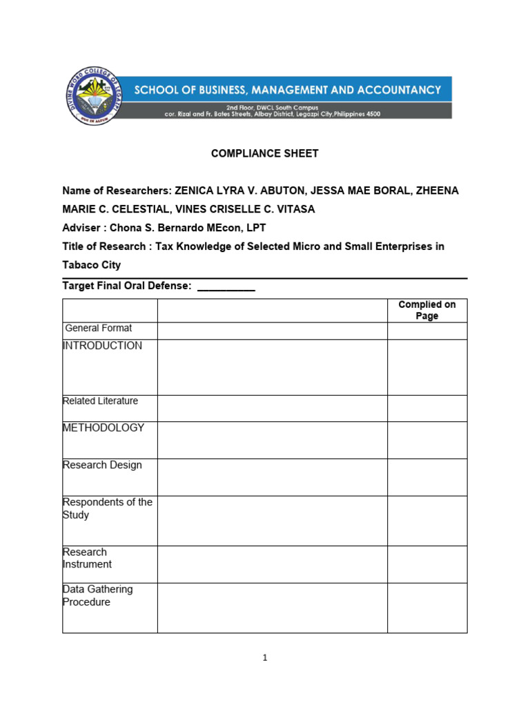 Sample Compliance Sheet 1 | PDF