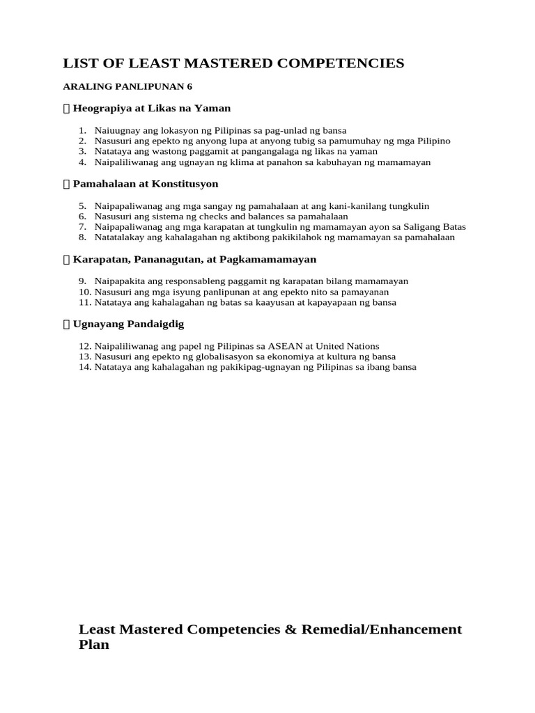 List of Least Mastered Competencies | PDF