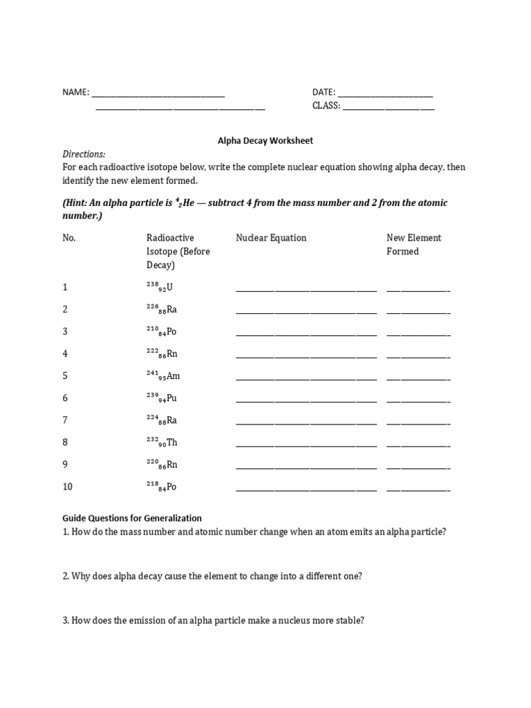 Alpha Decay Worksheet | PDF
