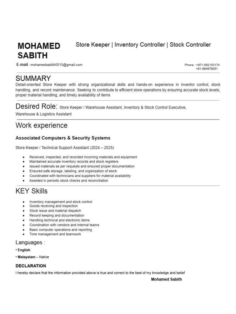 Sabith Store Keeper CV | PDF