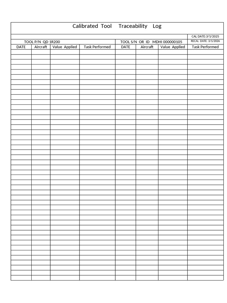 Calibrated Tool Traceability Log | PDF