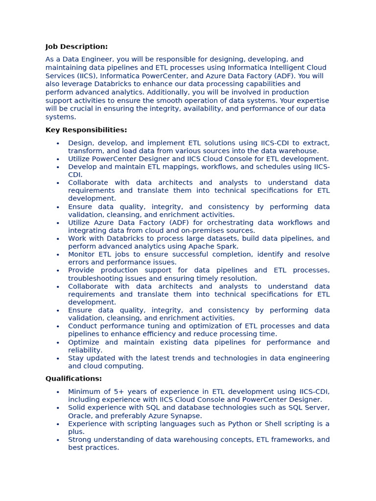 Job Description - Data Engineer - IICS | PDF | Cloud Computing | Data