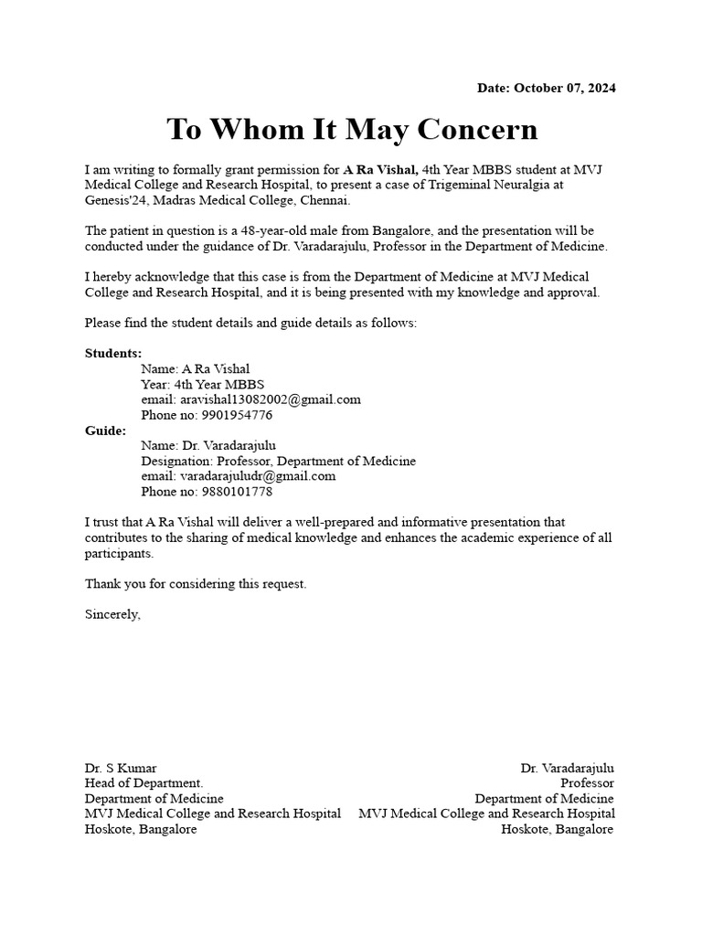 Medicine Permission Letter From HOD | PDF