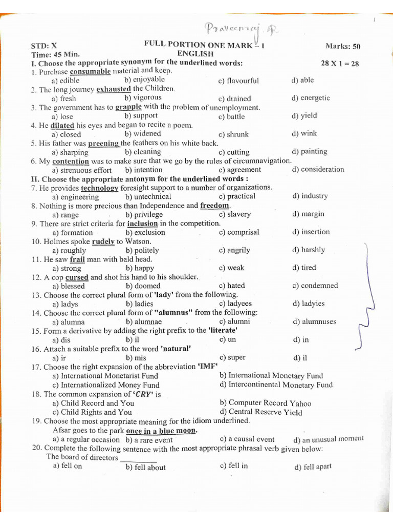 Eng Full Portion One Mark - 1 | PDF