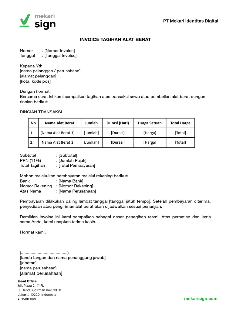 Contoh Invoice Tagihan Alat Berat Mekari Sign | PDF