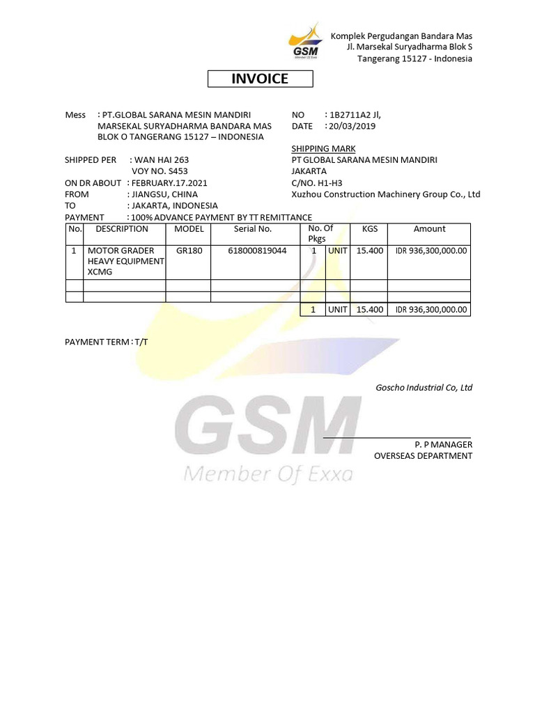 GSM Invoice Importir Motor Grader | PDF