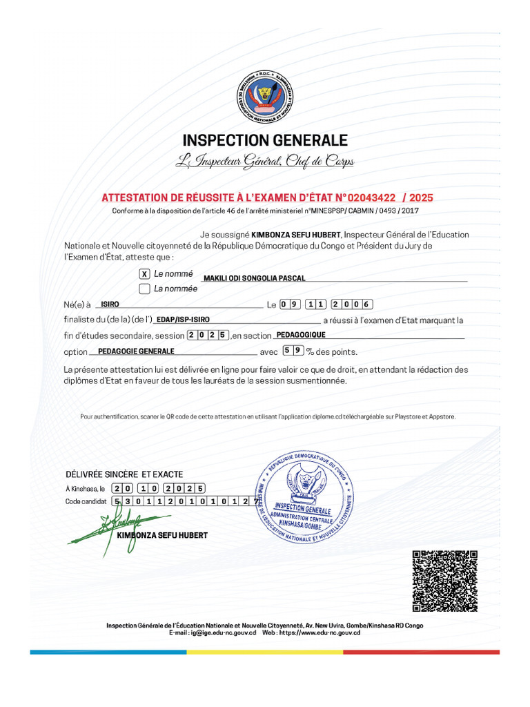 Attestation Makili Odi Songolia Pascal 122304 | PDF