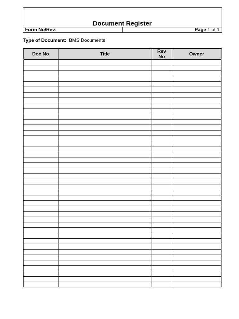 Internal Document Register-BMS Documents | PDF