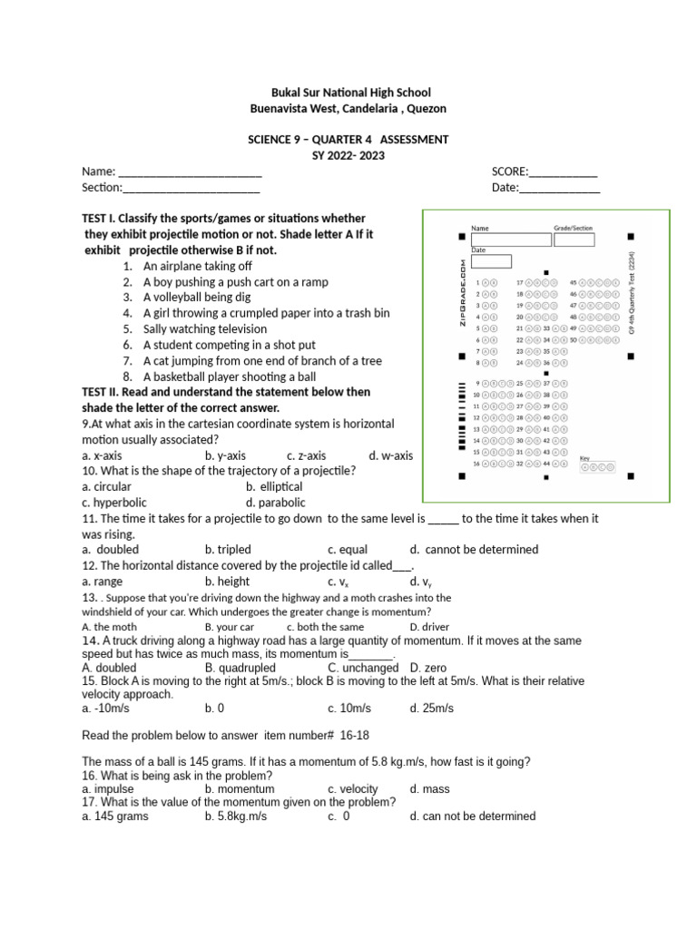 4th Quarterly Assessment SY 2022 2023 | PDF | Momentum | Quantity