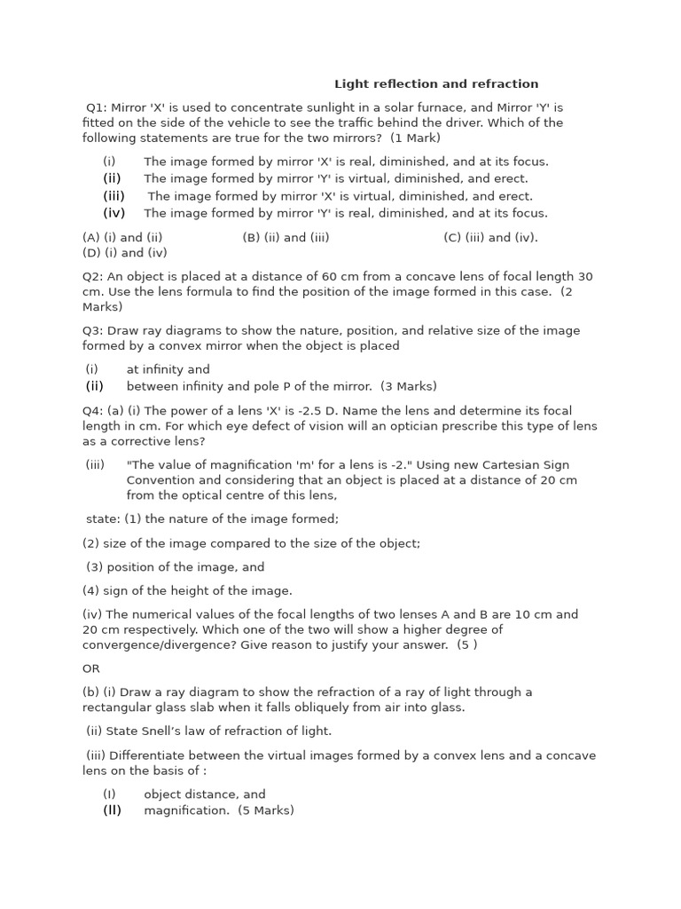 Worksheet of Physics Class 10th | PDF | Eye | Human Eye