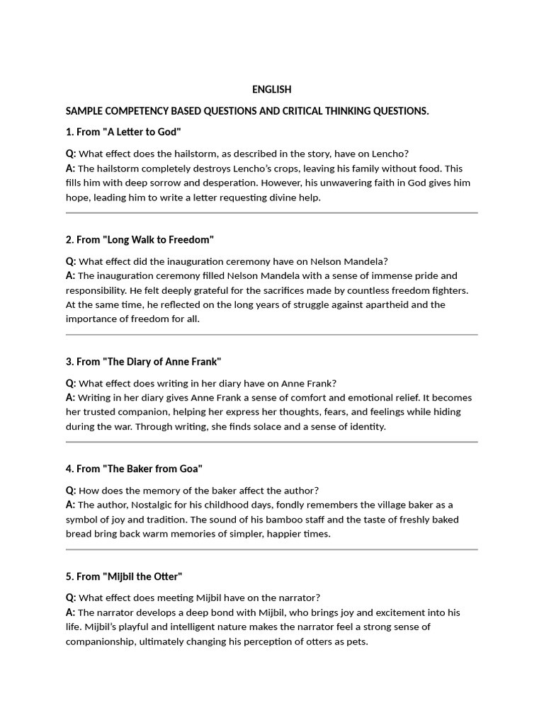 Eng Competency Amd Critical Thinking Sample Questions | PDF | Narrative ...