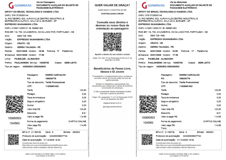 Bilhete de Passagem - Ingrid Carvalho - Crato - Ce - Serra Talhada - Pe ...