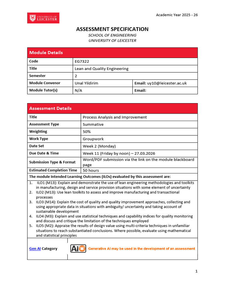 EG7322 Assessment Specification(1) | PDF | Risk | Evaluation