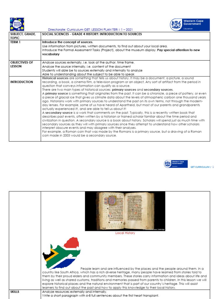 Lesson Plan IP Grade 4 SS History T1 W1 (2) | PDF | Learning | Curriculum