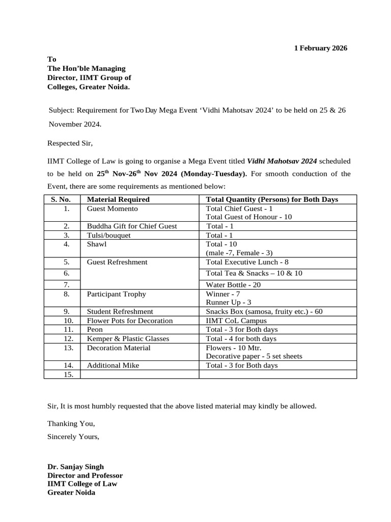 Letter for Requirements | PDF