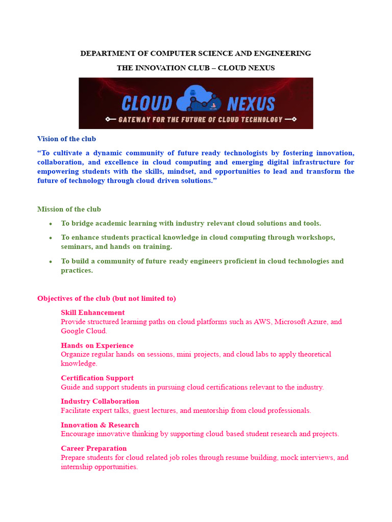 Cloud Nexus Club - Vision - Mission - Objectives and Activities | PDF ...