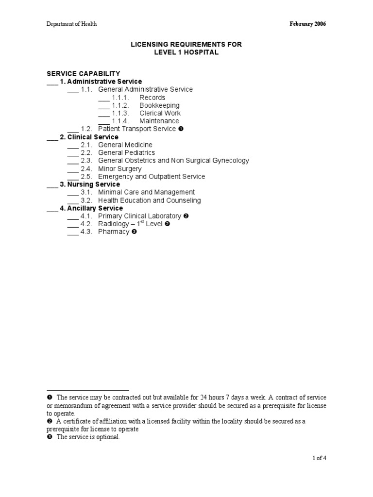 Level 1 Hospital Licensing Requirements | PDF | Nursing | Hospital