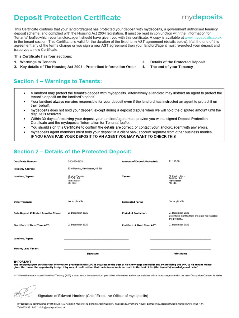 Deposit Protection Cert | PDF | Leasehold Estate | Landlord