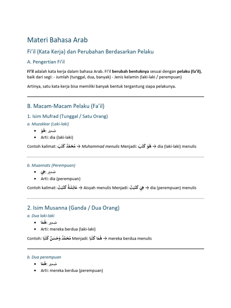 Materi Fiil Bahasa Arab Kelas 5 | PDF