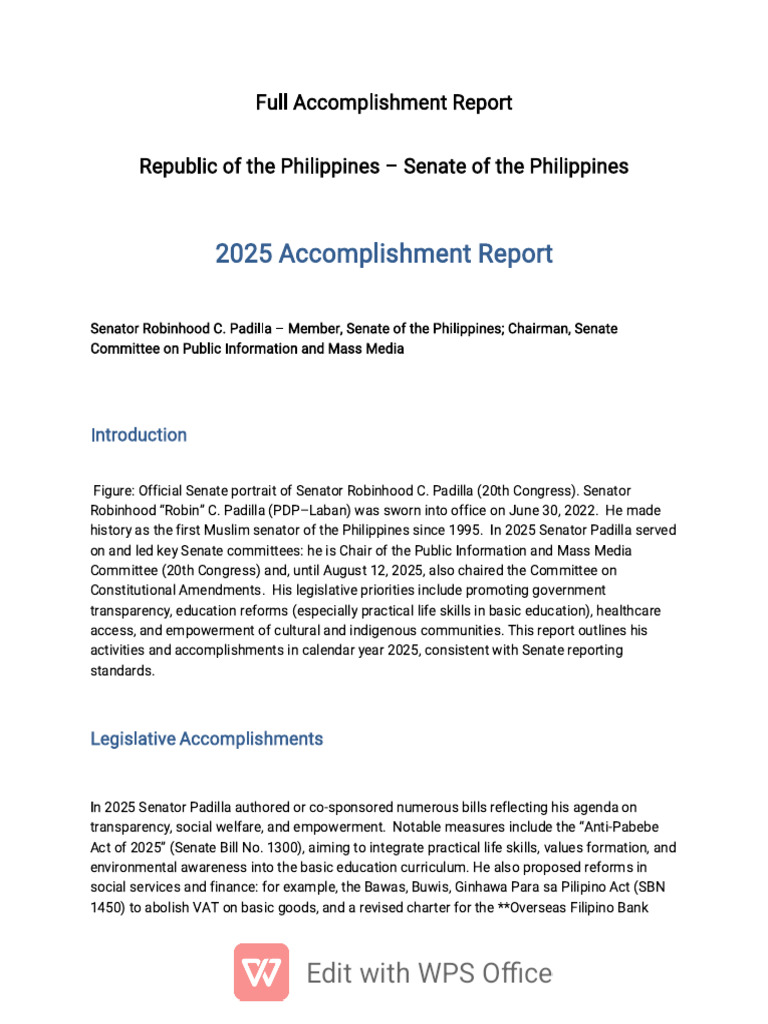 Full Accomplishment Report 2025 Sen RP WPS Office | PDF | Government ...