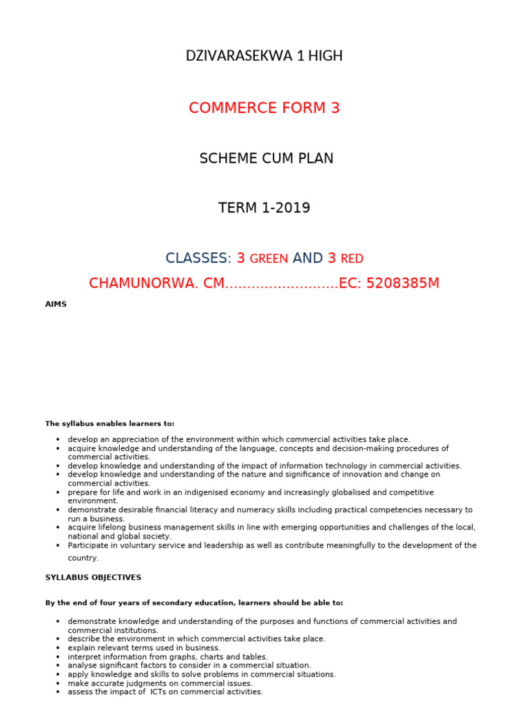 Commerce Scheme Form 3 | PDF | Educational Technology | Learning