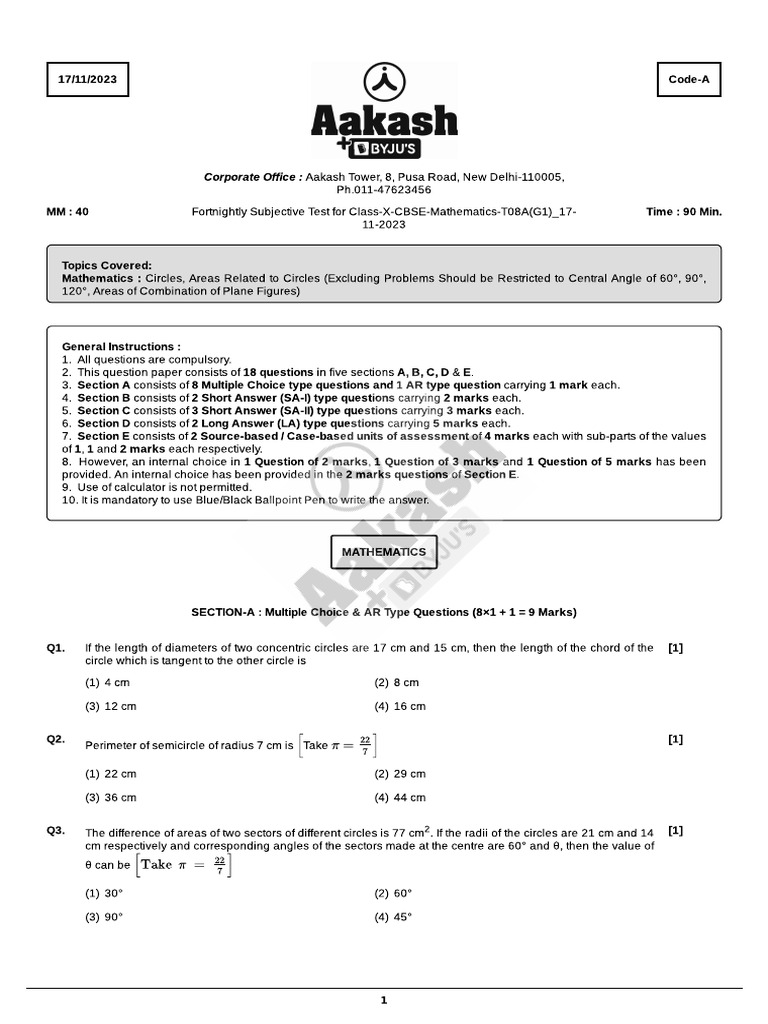 FST-8A (CBSE_G-1) Maths (C-10) (17-11-2023) | PDF