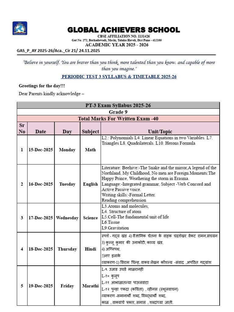 Grade 9_Cir 21_PT 3 Syllabus & Exam Timetable.docx | PDF