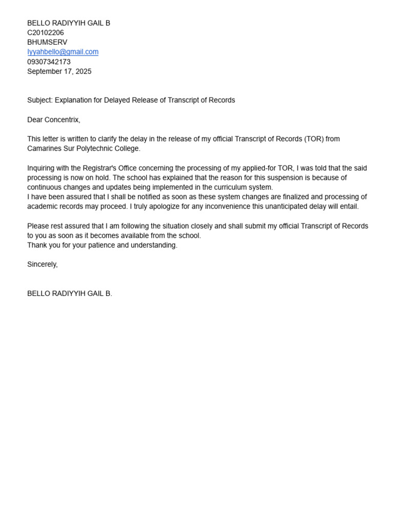 Explanation Letter - Bello Radiyyih Gail b | PDF