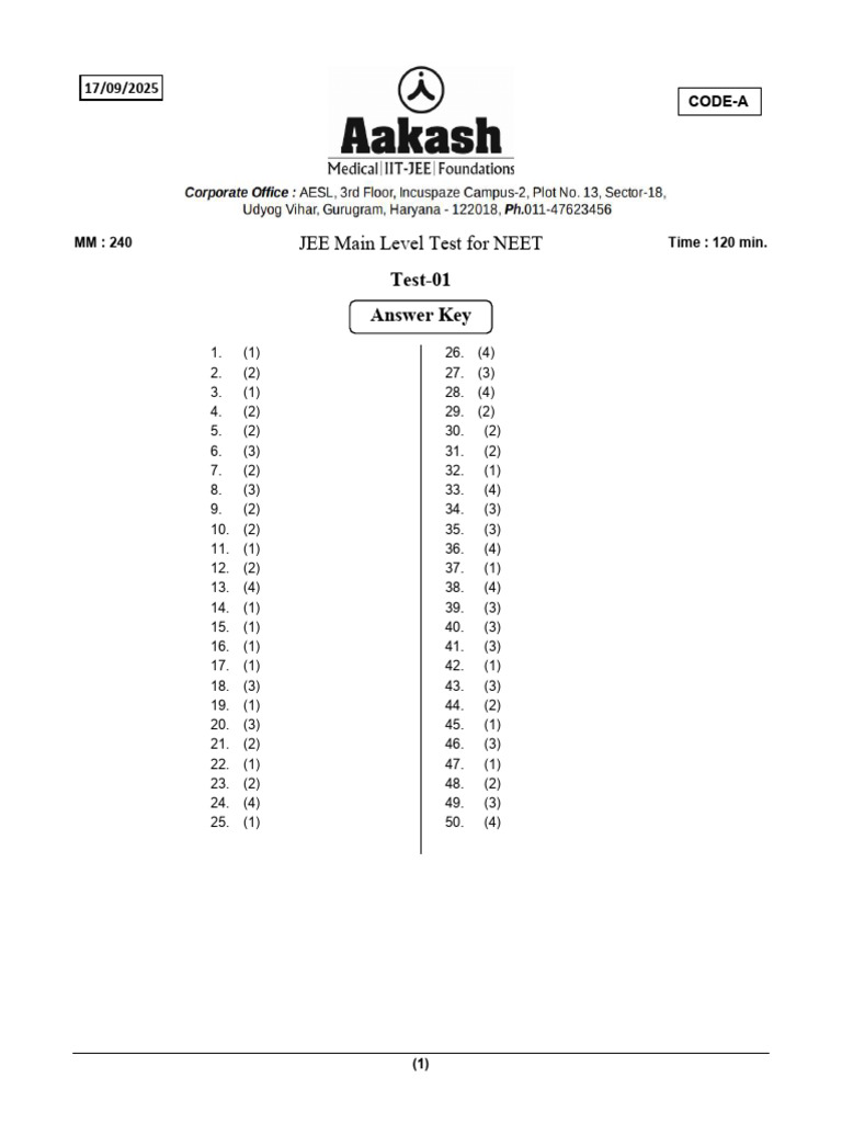 JEE Main Level Test For NEET-01!17!09-2025 - Ans.-1 | PDF