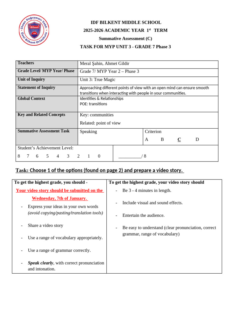 Grade 7 Phase 3 2025 - 2026 Unit 3 SA C Task Sheet | PDF | English ...